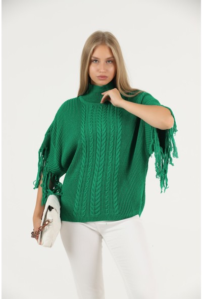 Kadın Kolları Püsküllü Panço Kazak