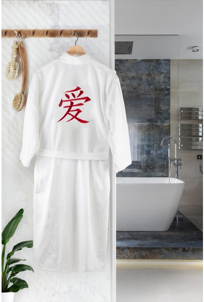 Abaca Kimono Bornoz / Japon Kanji Love Kırmızı Renk Nakış Işlemeli Abaca Kimono Bornoz / Japon Kanji Love Kırmızı Renk Nakış Işlemeli