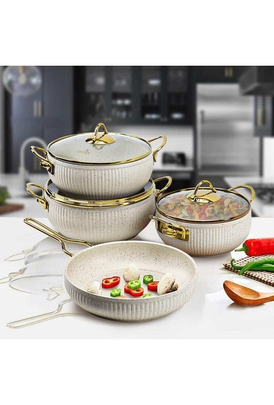 Evita Bio Granit 7 Prç Istiridye Fildişi & Gold Kulp Tencere ve Tava Seti Evita Bio Granit 7 Prç Istiridye Fildişi & Gold Kulp Tencere ve Tava Seti