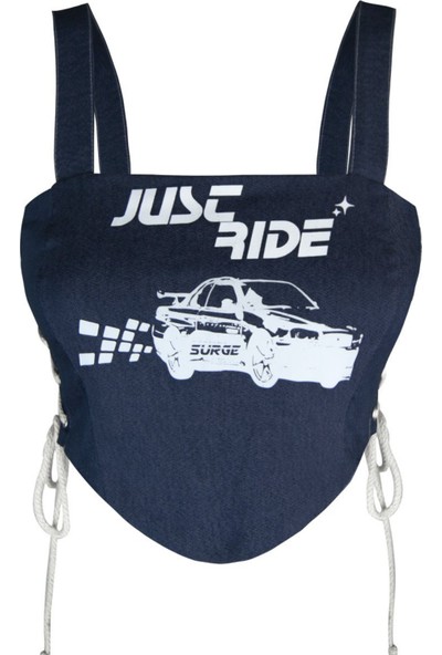 Surge Üst Korse Kot Mavi Beyaz Baskılı Just Ride Estetik Kesim Bağlamalı