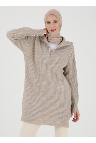 Refka Yakası Fermuarlı Yumuşak Triko Tunik - Bej Melanj - Refka Casual Refka Yakası Fermuarlı Yumuşak Triko Tunik - Bej Melanj - Refka Casual