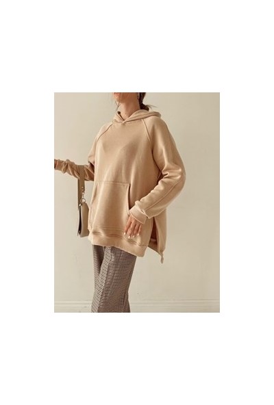 Yanı Yırtmaçlı Şardonlu 3 Iplik Sweatshirt Bej