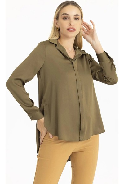 Seçil Kadın Saten Görünümlü Rahat Kesim Bluz 2911037 Oliv