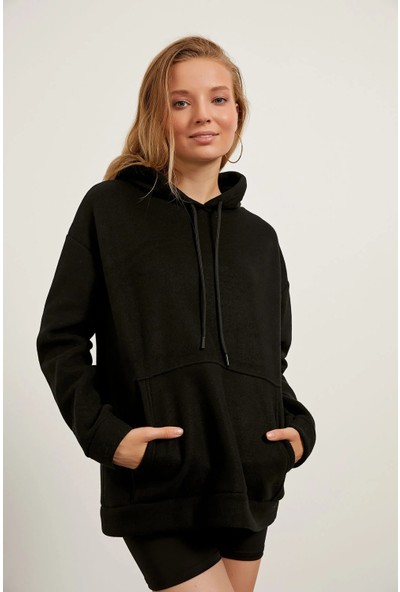 Kanguru Cep Kapüşonlu Polar Sweatshirt Siyah Kanguru Cep Kapüşonlu Polar Sweatshirt Siyah