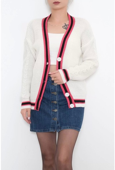 Düğmeli Hırka Beyazfuşya - 329.1577.