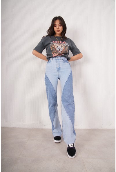 Mavi Çift Renk Kot Pantolon