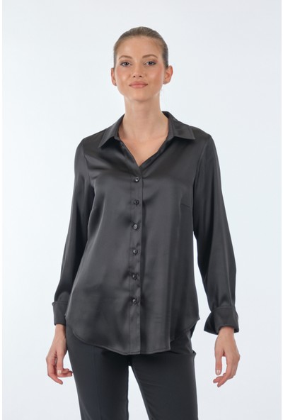 Ekol Düz Yaka Düğmeli Uzun Kollu Siyah Kadın Bluz 22203033