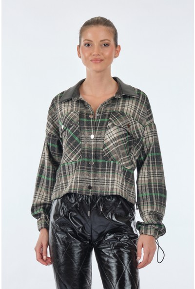 Unique Mode Düz Yaka Kareli Uzun Kollu Siyah Kadın Gömlek UW233801