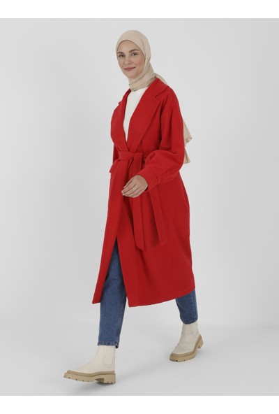 Balon Kol Kuşak Detaylı Kaşe Kaban - Kırmızı - Benin Balon Kol Kuşak Detaylı Kaşe Kaban - Kırmızı - Benin