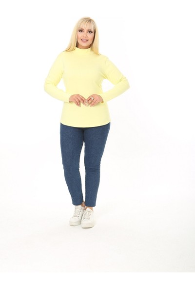 Kadın Büyük Beden Dik Yaka Uzun Kol Pamuklu Full Likralı Kumaş Bluz