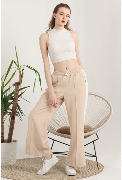 Fusem Kadın Bej Hürrem Beli Bağlamalı Yırtmaç Paçalı Kadın Bej Bilek Pantolon