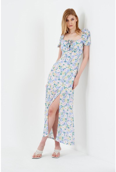 Fusem Mor Karpuz Kollu Yakası Büzgülü U Yaka Bayan Uzun Elbise Fusem Mor Karpuz Kollu Yakası Büzgülü U Yaka Bayan Uzun Elbise