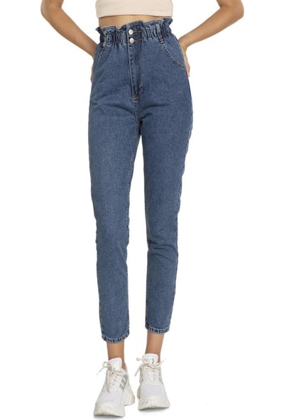 Kadın Beli Fırfırlı Yüksek Bel Mom Jeans