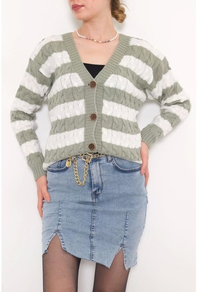 Serçe Shop Çizgili Düğmeli Hırka Yeşilbeyaz - 278.1577.