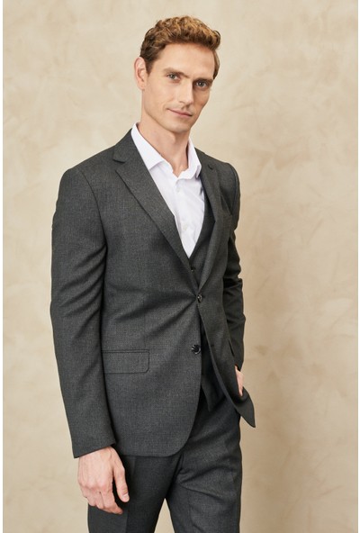 Slim Fit Dar Kesim Mono Yaka Diyagonal Desenli Takım Elbise