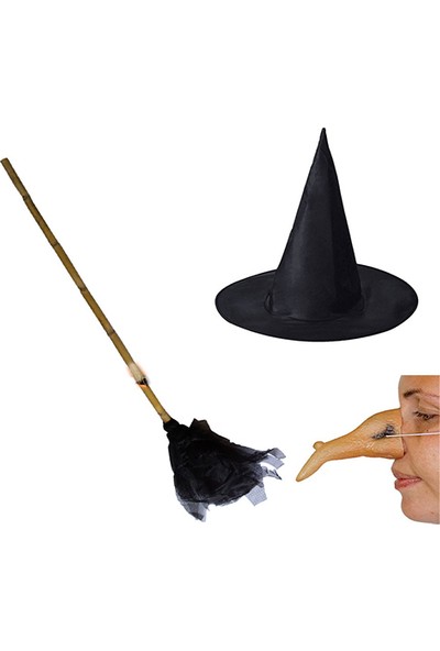 Hediyeconcepti Cadı Süpürgesi - Siyah Cadı Şapkası - Cadı Burnu - 3 Lü Set
