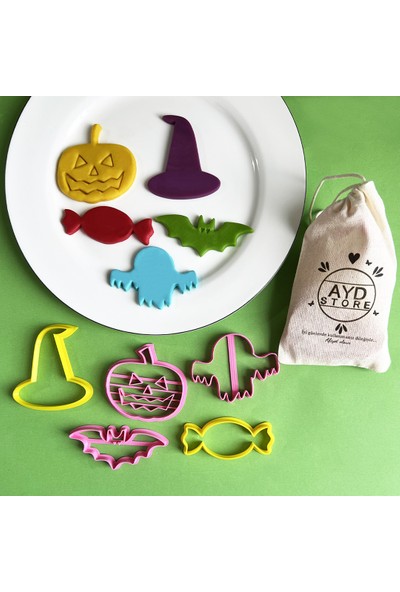 444 Marka Halloween 5li Set Cadılar Bayramı Kurabiye Kalıbı Balkabağı, Hayalet, Yarasa, Cadı Şapkası ve Şeker