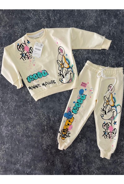 Derya Bebek Butik Kız Eşofman Takımı 2'li Kumaş ve Baskı Krem Derya Bebek Butik Kız Eşofman Takımı 2'li Kumaş ve Baskı Krem