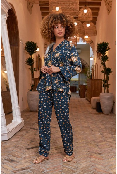 Nbb Lacivert Gold Flowered Gömlekli Pijama Takımı