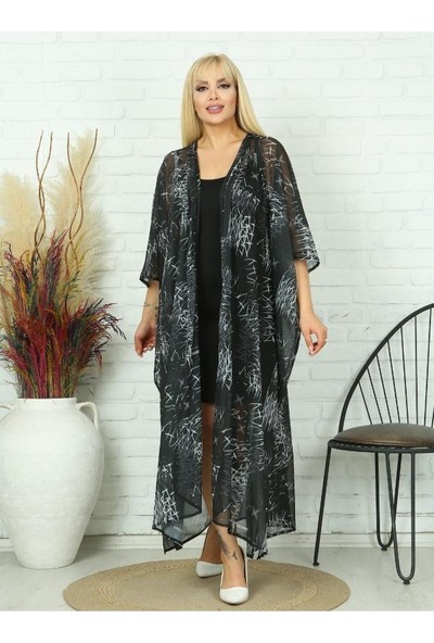 ViolettaXL Kadın Büyük Beden Siyah Beyaz Kırçıllı Yırtmaçlı Şifon Kimono