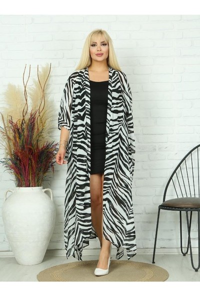 ViolettaXL Kadın Büyük Beden Siyah Beyaz Zebra Yırtmaçlı Şifon Kimono