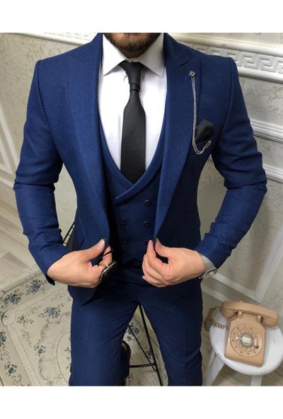 Valcesa Erkek Düz Dar Kesim Yelekli Takım Elbise (Yaka Süsü - Kravat Hediye)