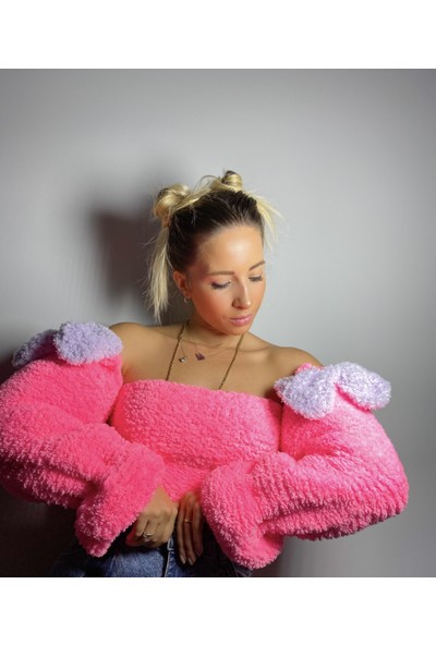 Organıcmıra Kadın Pofidik Omuz Dekolteli Balon Kol Pembe Crop