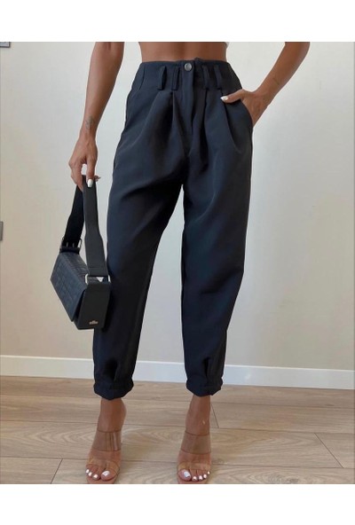 Olala Merter Kadın Özel Tasarım Pileli Siyah Yüksek Bel Pantolon Olala Merter Kadın Özel Tasarım Pileli Siyah Yüksek Bel Pantolon