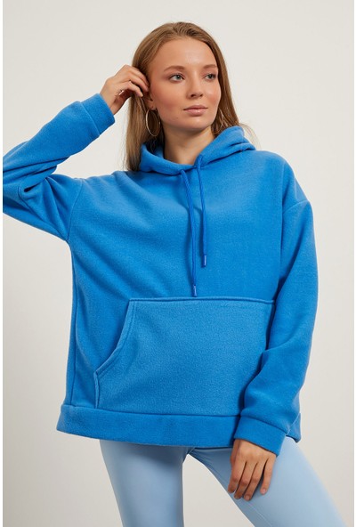 Kanguru Cep Kapüşonlu Polar Sweatshirt Mavi