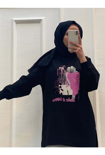 Azra Fashion Baskılı Taş Pul Işlemeli S-Shırt 27032 - Siyah - Tek Beden