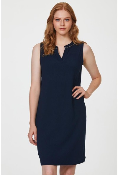 İkiler Hakim Yaka Yakası Taşlı Kolsuz Elbise 223-2501