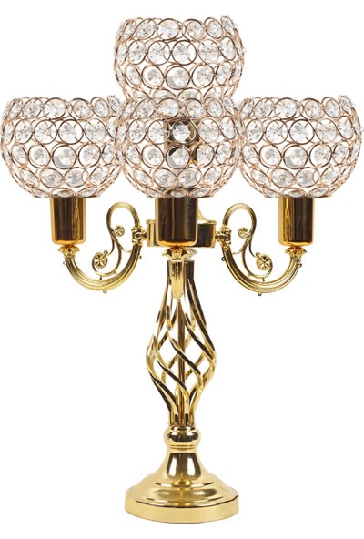 dekovien Dört Kollu Kristal Şapka Gold Metal Şamdan