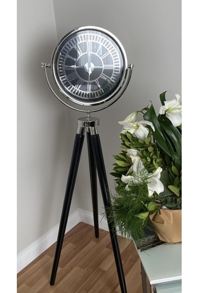 Ayakli Tripod Saat Siyaha Gümüş Çerçeveli