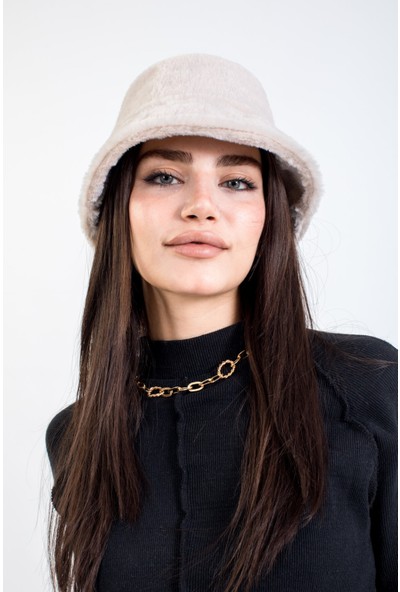 Allmes Tavşan Tüyü Peluş Bucket Kova Moda Kadın Kışlık Şapka
