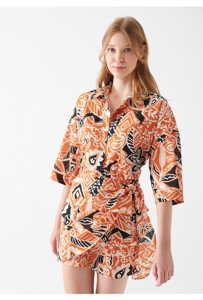 Mavi Baskılı Turuncu Gömlek