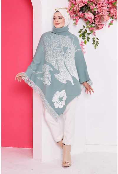 İmaj Butik Mint Kadın Boğazlı Desenli Etek Ucu Püsküllü Triko Panço İmaj Butik Mint Kadın Boğazlı Desenli Etek Ucu Püsküllü Triko Panço