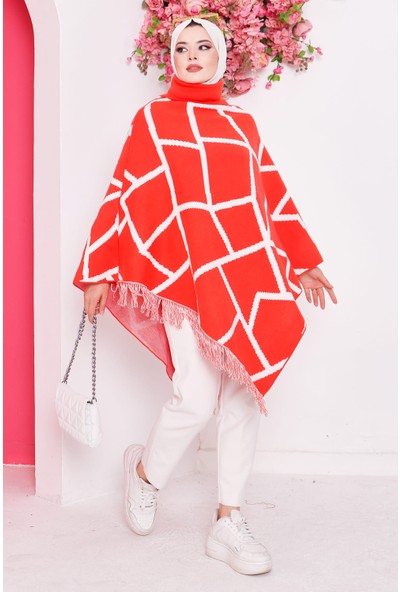 İmaj Butik Orange Kadın Boğazlı Çizgili Etek Ucu Püsküllü Triko Panço İmaj Butik Orange Kadın Boğazlı Çizgili Etek Ucu Püsküllü Triko Panço