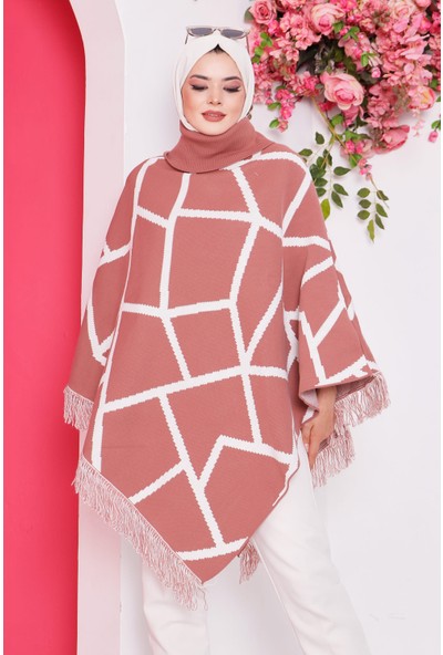 İmaj Butik Pudra Kadın Boğazlı Çizgili Etek Ucu Püsküllü Triko Panço İmaj Butik Pudra Kadın Boğazlı Çizgili Etek Ucu Püsküllü Triko Panço