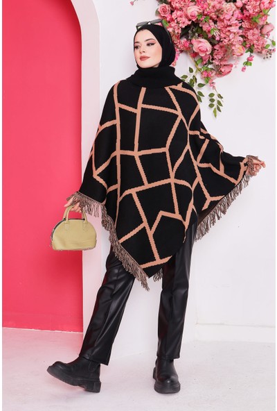İmaj Butik Siyah Kadın Boğazlı Çizgili Etek Ucu Püsküllü Triko Panço İmaj Butik Siyah Kadın Boğazlı Çizgili Etek Ucu Püsküllü Triko Panço