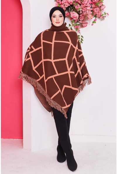 İmaj Butik Kahve Kadın Boğazlı Çizgili Etek Ucu Püsküllü Triko Panço İmaj Butik Kahve Kadın Boğazlı Çizgili Etek Ucu Püsküllü Triko Panço