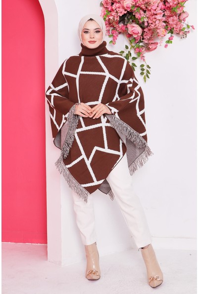 İmaj Butik Kahve Krem Kadın Boğazlı Çizgili Etek Ucu Püsküllü Triko Panço İmaj Butik Kahve Krem Kadın Boğazlı Çizgili Etek Ucu Püsküllü Triko Panço