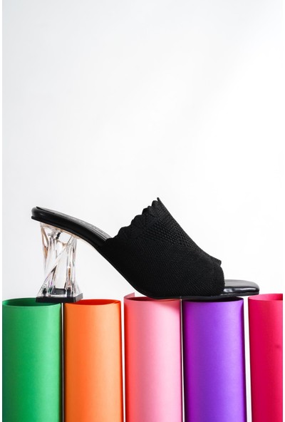 Basskan Kadın Konn Siyah Triko Şeffaf Topuk Terlik