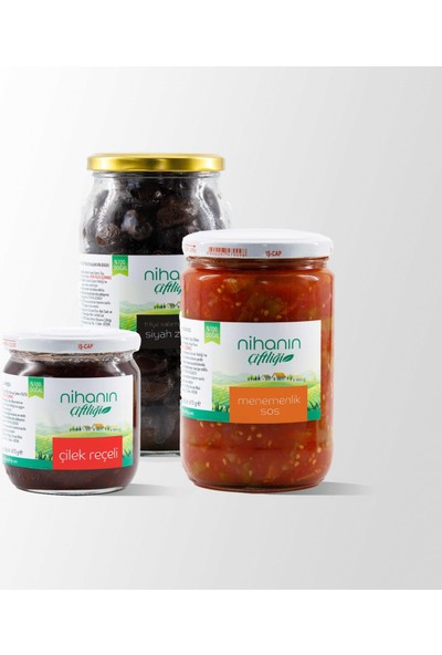 Nihanın Çiftliği Ekonomik Katkısız Kahvaltılık Paketi (Menemenlik Sos+Siyah Zeytin+Çilek Reçeli) Nihanın Çiftliği Ekonomik Katkısız Kahvaltılık Paketi (Menemenlik Sos+Siyah Zeytin+Çilek Reçeli)