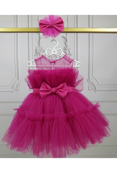 Ellussi Fuşya Şeffaf Üst Ön Fiyonk Detaylı Kemerli Kabarık Elbise