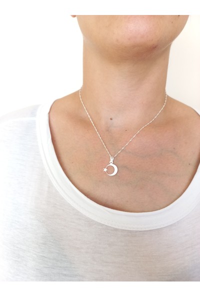 925 Ayar Gümüş Ay Yıldız Kolye Singapur Kolye