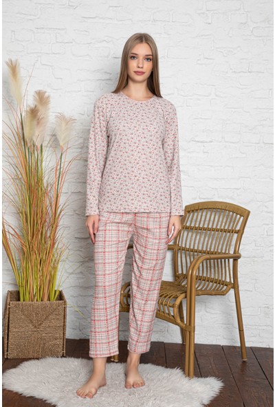 May Mara Kadın Baskılı O Yaka Baskılı Raporlu Interlok Şardonlu Pijama Takımı