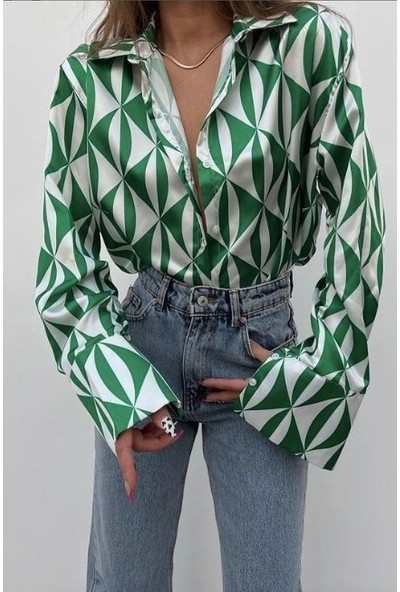 Desenli Oversize Saten Gömlek
