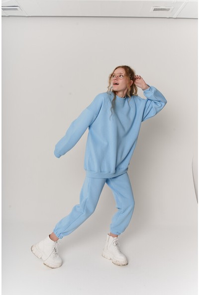 Holly Lolly Kadın Mavi Lastikli Bel ve Paçalı Şardonlu Fluffy Eşofman Altı