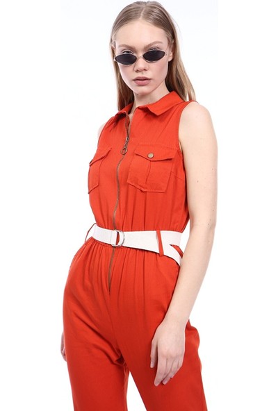 Sıfırkol Gömlek Yaka Cepli Kemerli Tulum Turuncu Sıfırkol Gömlek Yaka Cepli Kemerli Tulum Turuncu