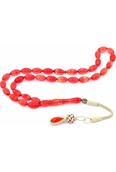 Tesbihediye Bafon Kazaz Püsküllü Kırmızı Hareli Ateş Kehribar Tesbih